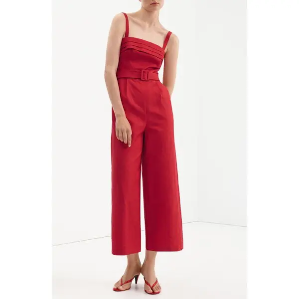 Mango Pleated Linen Blend Jumpsuit With Belt - Red