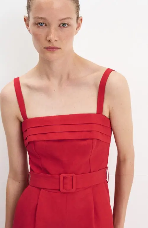 Mango Pleated Linen Blend Jumpsuit With Belt