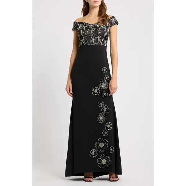 Eliza J Floral Embroidered Off The Shoulder Trumpet Gown - Black