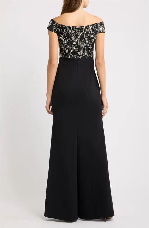 Eliza J Floral Embroidered Off-the-shoulder Trumpet Gown
