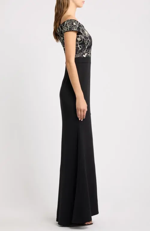 Eliza J Floral Embroidered Off-the-shoulder Trumpet Gown
