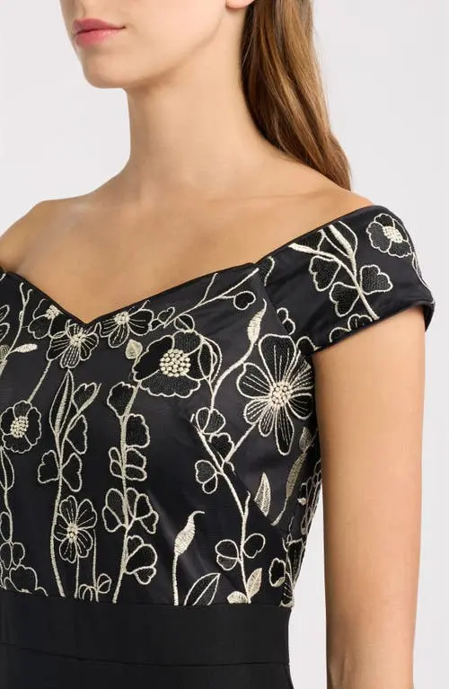 Eliza J Floral Embroidered Off-the-shoulder Trumpet Gown