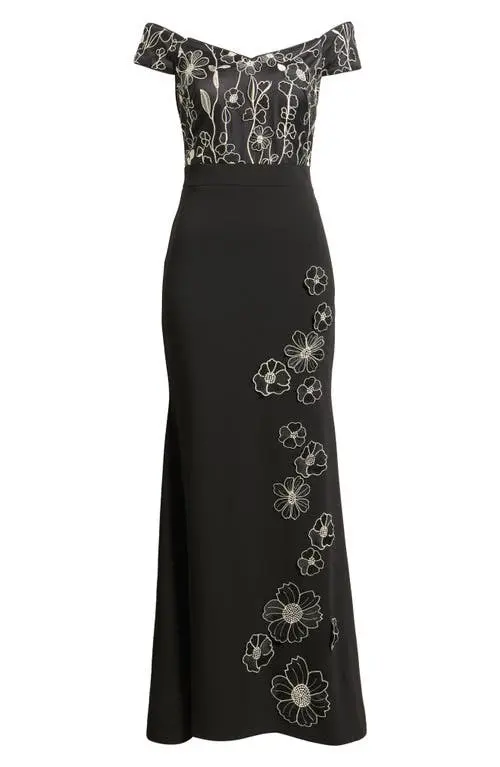Eliza J Floral Embroidered Off-the-shoulder Trumpet Gown