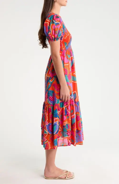 SUGARLIPS Kahlia Smocked Cotton Tropical Print Midi Dress