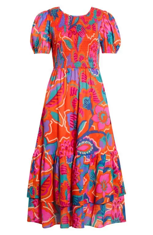 SUGARLIPS Kahlia Smocked Cotton Tropical Print Midi Dress