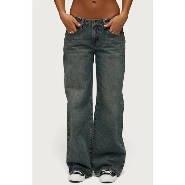 EDIKTED Nyc Studded Low Rise Baggy Jeans - Blue-washed