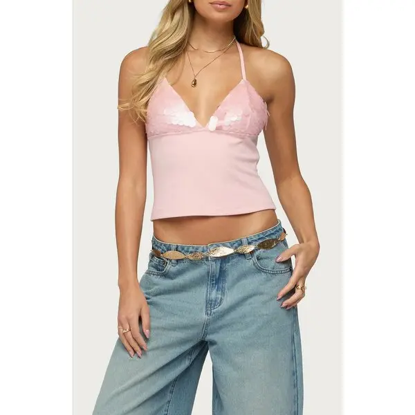 EDIKTED Katelyn Sequin Halter Top - Light-pink