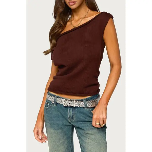 EDIKTED Lauria Off Shoulder Rib Knit Top - Brown