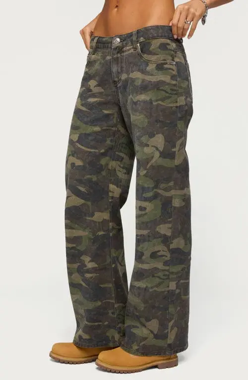 EDIKTED Soya Camo Print Low Rise Baggy Jeans