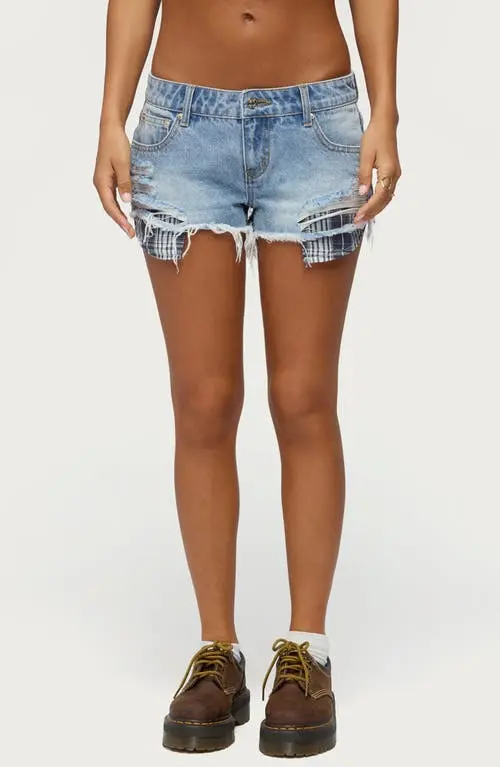 EDIKTED Catrine Low Rise Plaid Pocket Denim Cutoff Shorts - Blue-washed