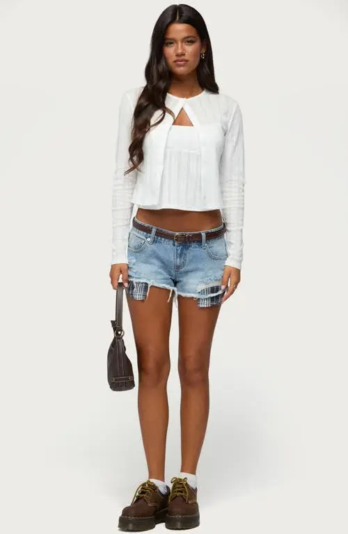 EDIKTED Catrine Low Rise Plaid Pocket Denim Cutoff Shorts