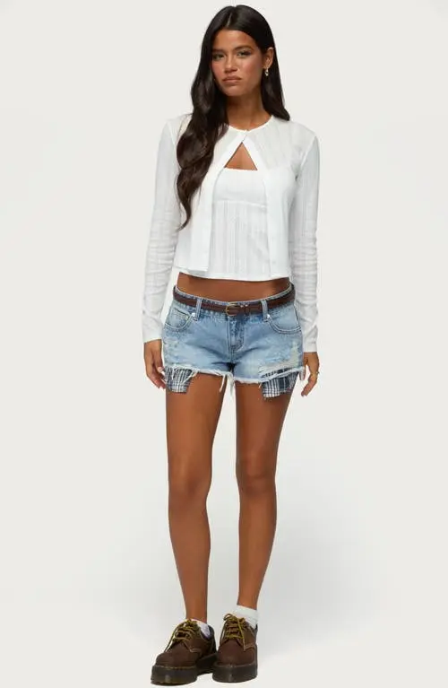 EDIKTED Catrine Low Rise Plaid Pocket Denim Cutoff Shorts