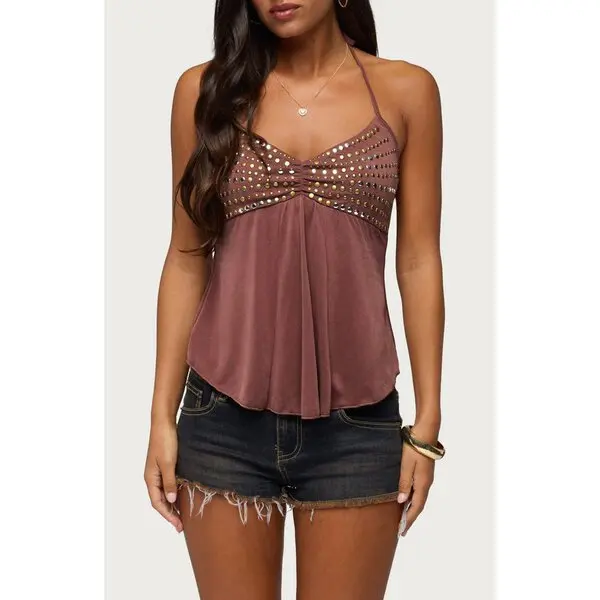 EDIKTED Ivana Studded Halter Top - Brown