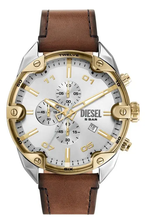 DIESEL® Spiked Chronograph Leather Strap Watch