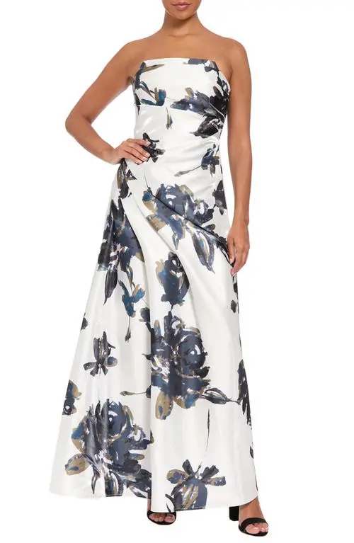 Maggy London Floral Print Pleated Strapless Gown - Eggshell/teal Night