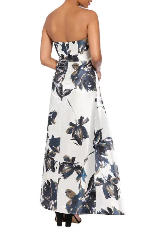 Maggy London Floral Print Pleated Strapless Gown