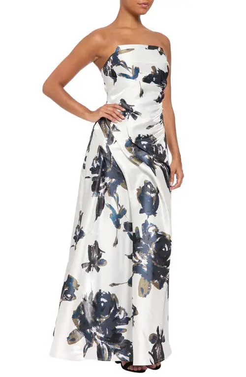 Maggy London Floral Print Pleated Strapless Gown