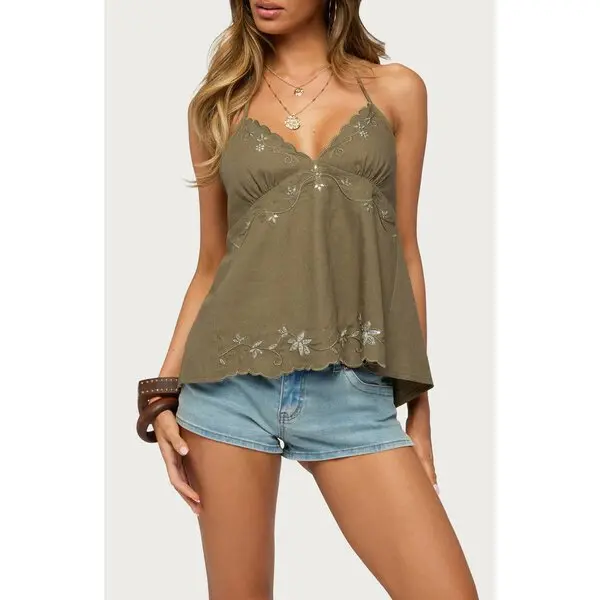 EDIKTED Nadine Embroidered Halter Top - Olive