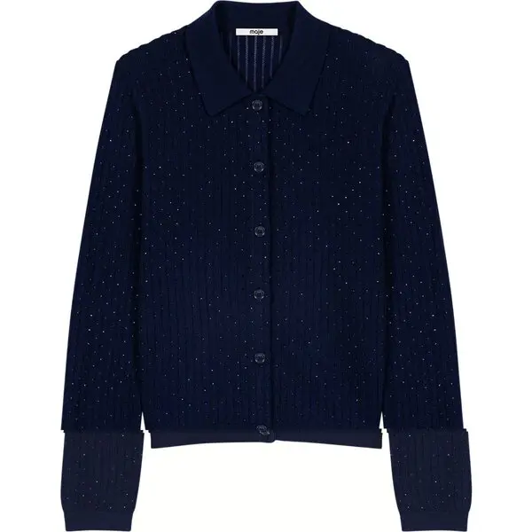 Maje Rhinestone Polo Collar Cardigan - Navy