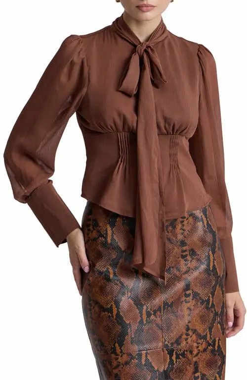 Avec Les Filles Long Sleeve Bow Tie Crinkle Crepe Top