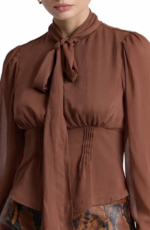 Avec Les Filles Long Sleeve Bow Tie Crinkle Crepe Top