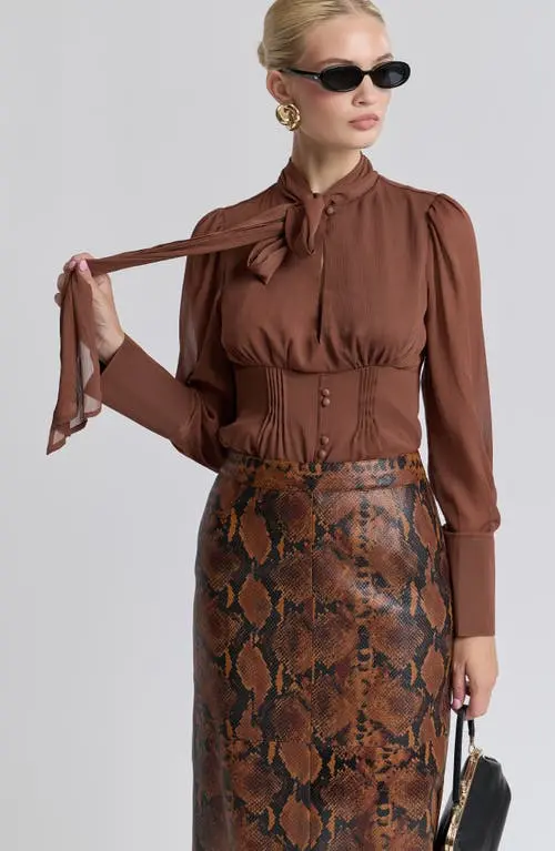 Avec Les Filles Long Sleeve Bow Tie Crinkle Crepe Top