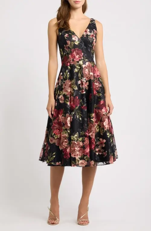 Eliza J Floral Embroidered Sleeveless Chiffon Cocktail Dress - Blck Multi
