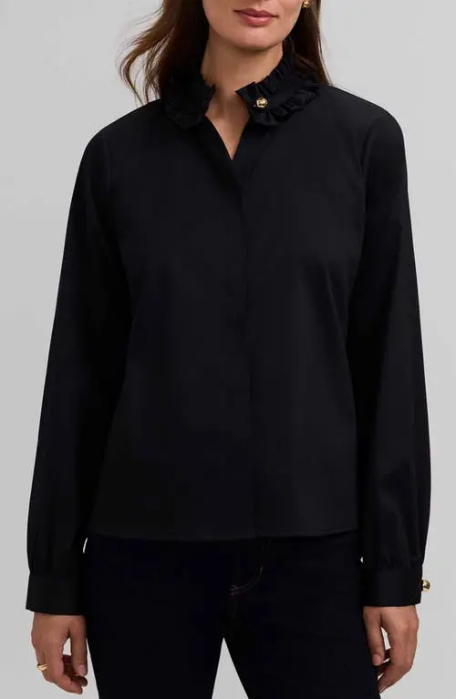 Foxcroft Colette Ruffle Collar Long Sleeve Shirt - Black