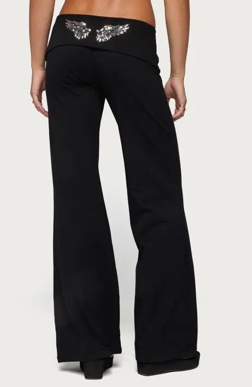 EDIKTED Angel Energy Sequin Wings Foldover Waist Wide Leg Pants