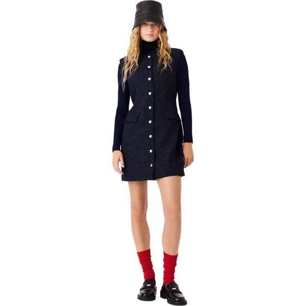 Maje Short Lurex Tweed Dress - Navy