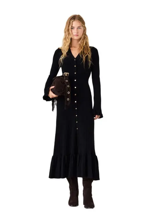 Maje Ruffled Knit Maxi Dress - Black