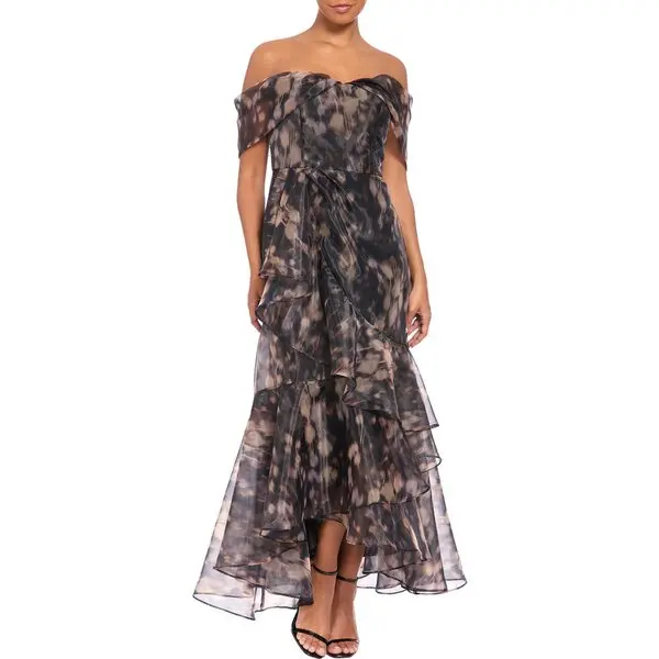 Maggy London Off-the-shoulder Organza Gown - Navy/buff