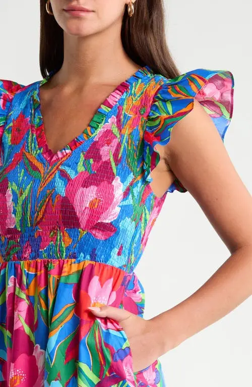 SUGARLIPS Sunfire Floral Tiered Cotton Midi Dress