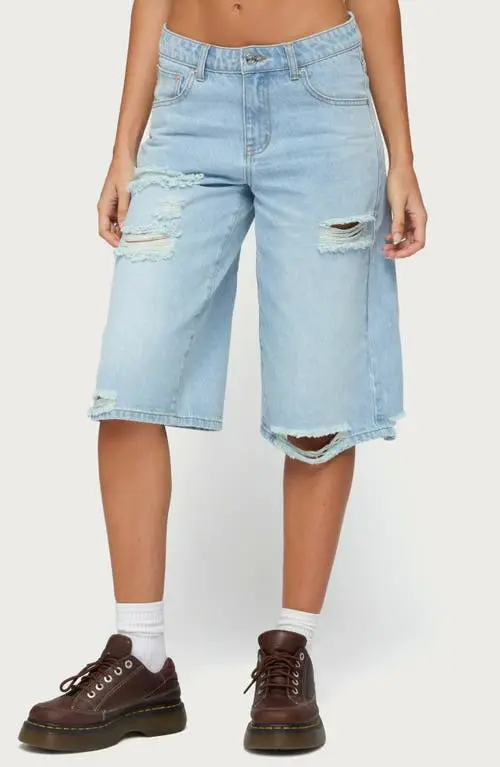 EDIKTED Distressed Low Rise Boyfriend Shorts - Light-blue-washed