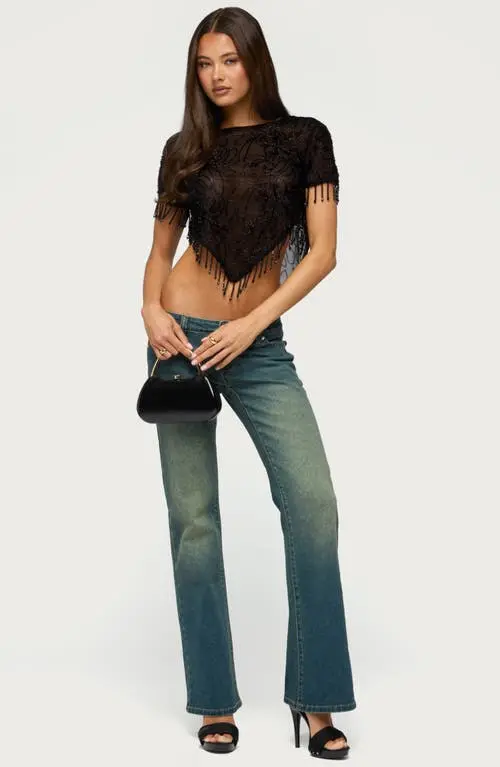 EDIKTED Yanna Beaded Fringe Poncho Crop Top