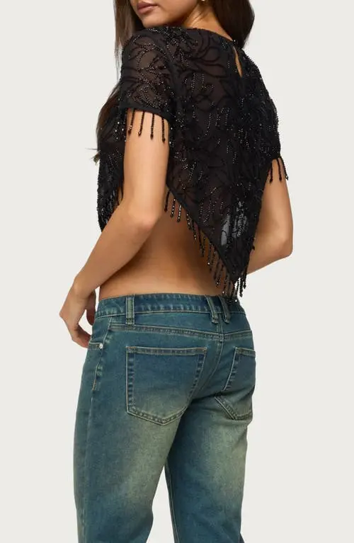 EDIKTED Yanna Beaded Fringe Poncho Crop Top