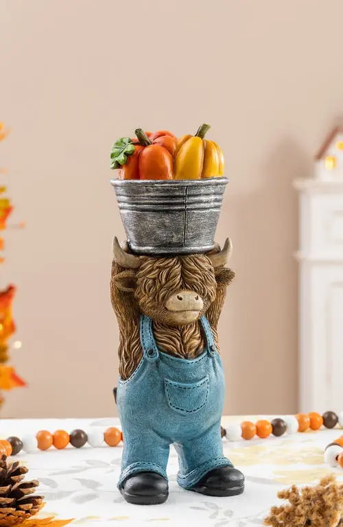 GLITZHOME 10.5"h Fall Resin Highland Cow Table Decor