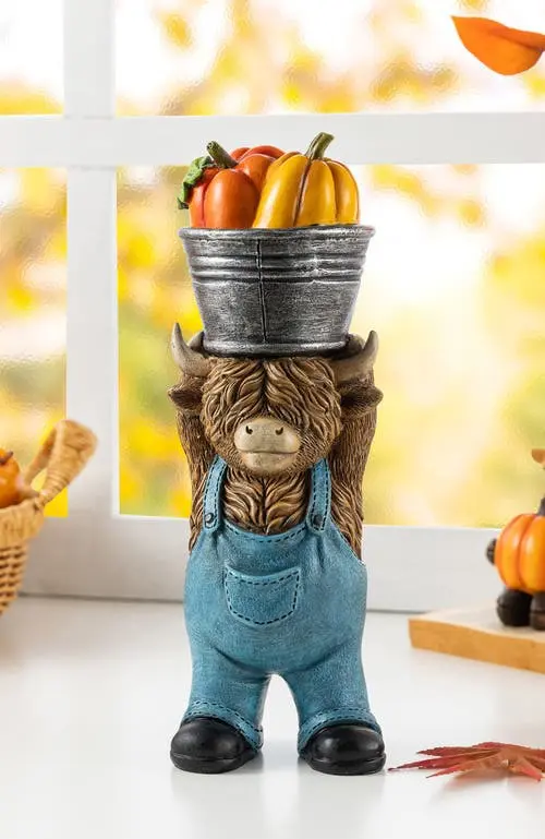 GLITZHOME 10.5"h Fall Resin Highland Cow Table Decor