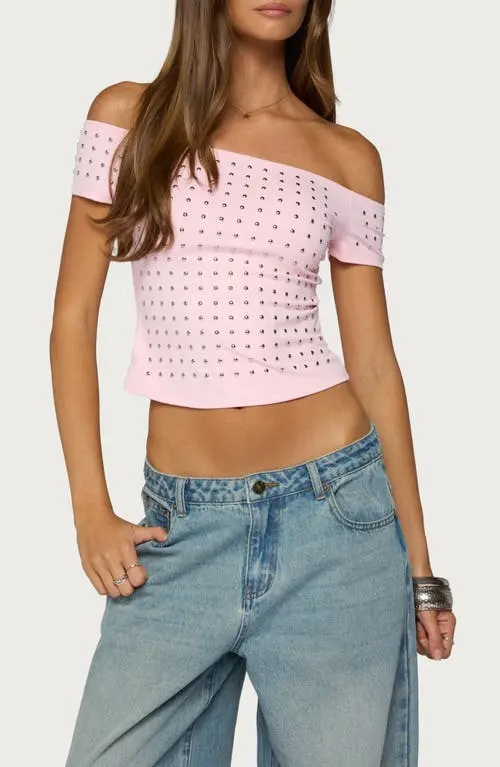 EDIKTED Mack Studded Off The Shoulder Top - Pink