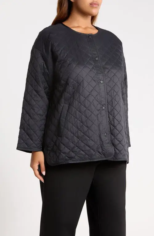 Eileen Fisher Round Neck Quilted Short Coat - Black