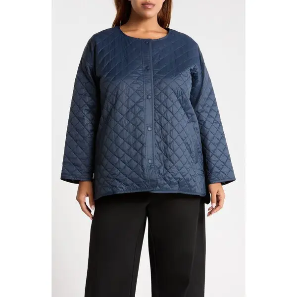 Eileen Fisher Round Neck Quilted Short Coat - Maritime
