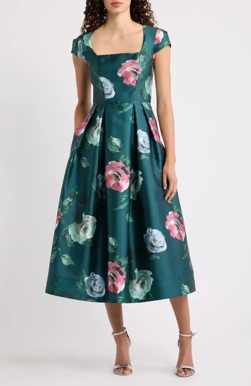 Eliza J Floral Cap Sleeve Fit & Flare Satin Midi Dress - Hunter