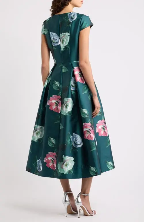 Eliza J Floral Cap Sleeve Satin Midi Dress