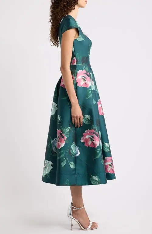 Eliza J Floral Cap Sleeve Satin Midi Dress