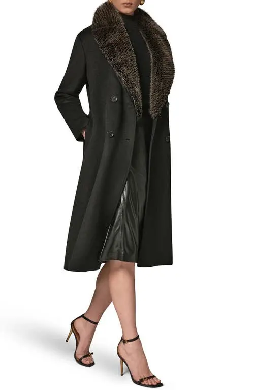 Donna Karan New York Double Breasted Slouch Coat With Faux Fur Collar - Black