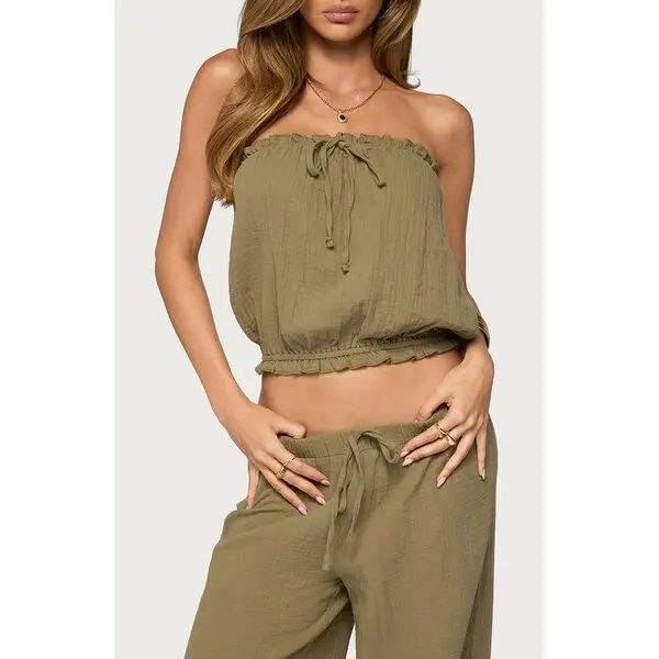 EDIKTED Viktoria Strapless Gauze Bubble Top - Olive