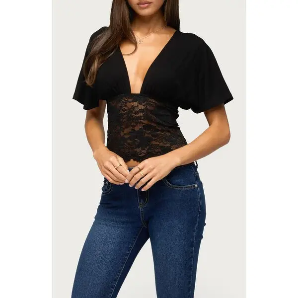 EDIKTED Jaeda Lace Inset Flutter Sleeve Top - Black