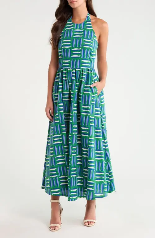 SUGARLIPS Daine Fish Print Cotton Halter Maxi Dress