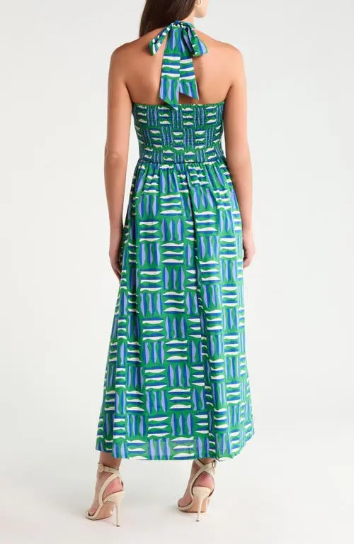 SUGARLIPS Daine Fish Print Cotton Halter Maxi Dress