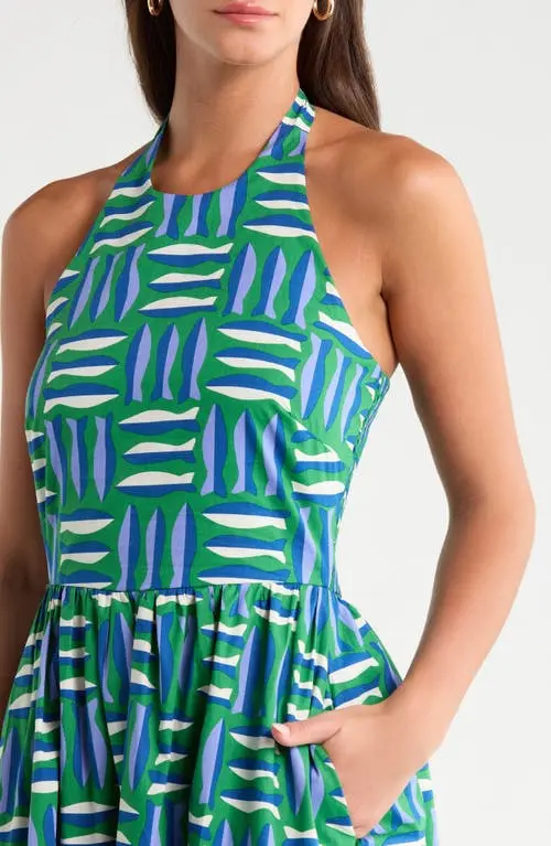 SUGARLIPS Daine Fish Print Cotton Halter Maxi Dress